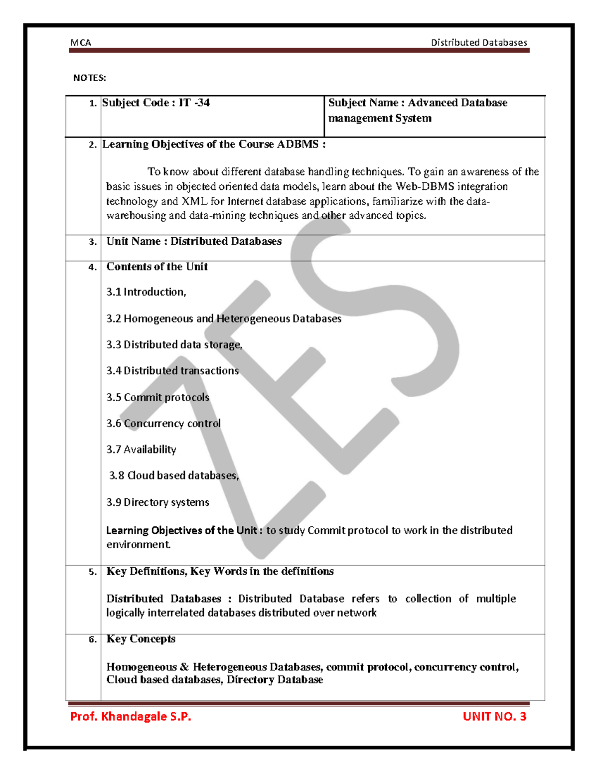 Mca Distributed Databases Notes 1 Subjec Notes Subject Code It 34 Subject Name Advanced