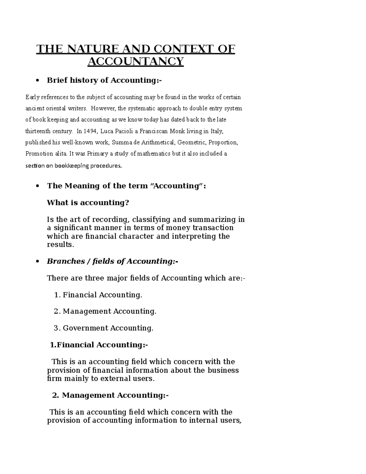 Accountancy FORM FIVE - THE NATURE AND CONTEXT OF ACCOUNTANCY Brief ...