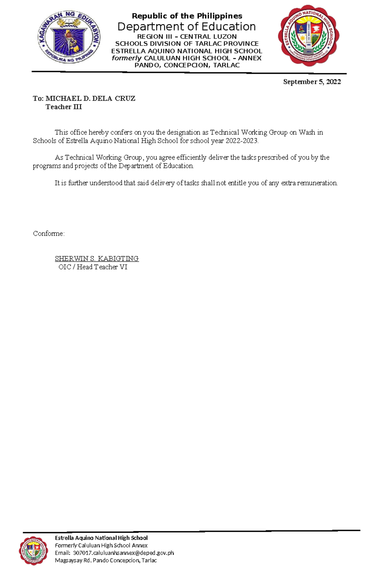 Designation Letter for TWG - Department of Education REGION III ...