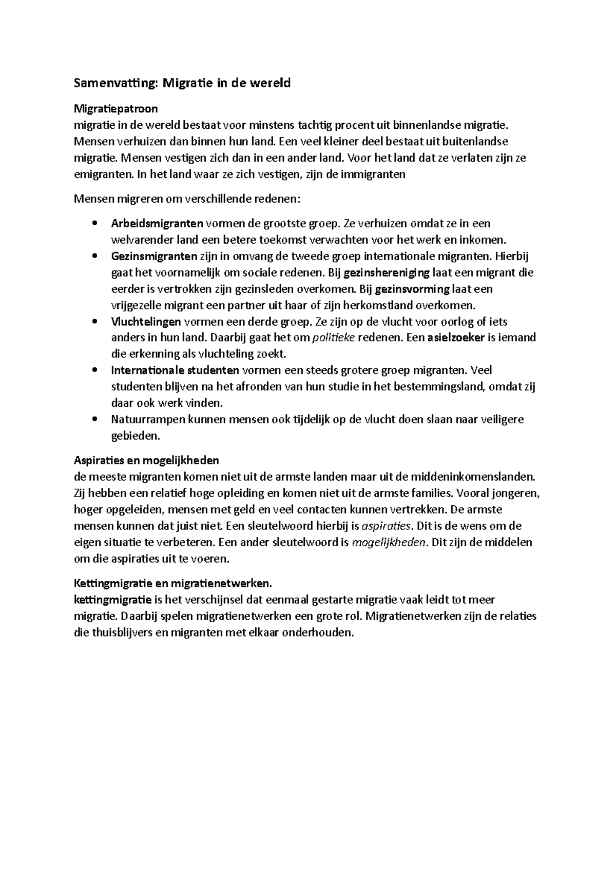 Samenvatting ak h5 - Samenvatting: Migratie in de wereld Migratiepatroon migratie in de wereld ...