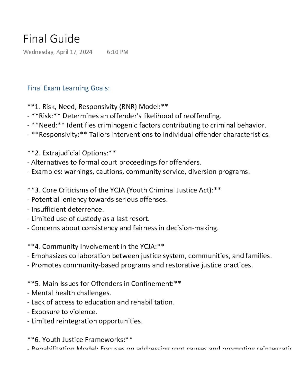 CC102 Final Guide - Final Exam Learning Goals: 1. Risk, Need ...