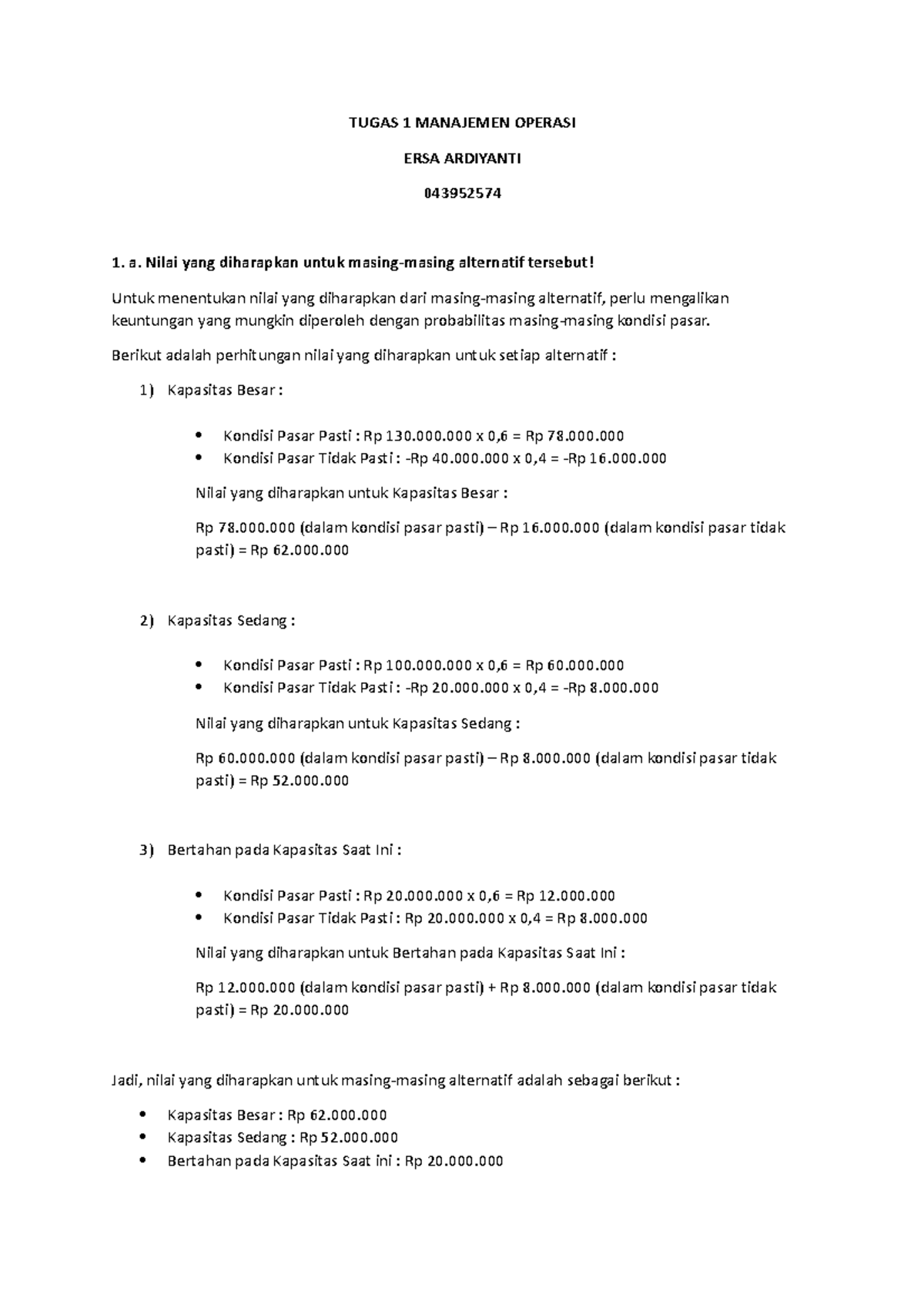 Tugas 1 Manajemen Operasi - TUGAS 1 MANAJEMEN OPERASI ERSA ARDIYANTI ...