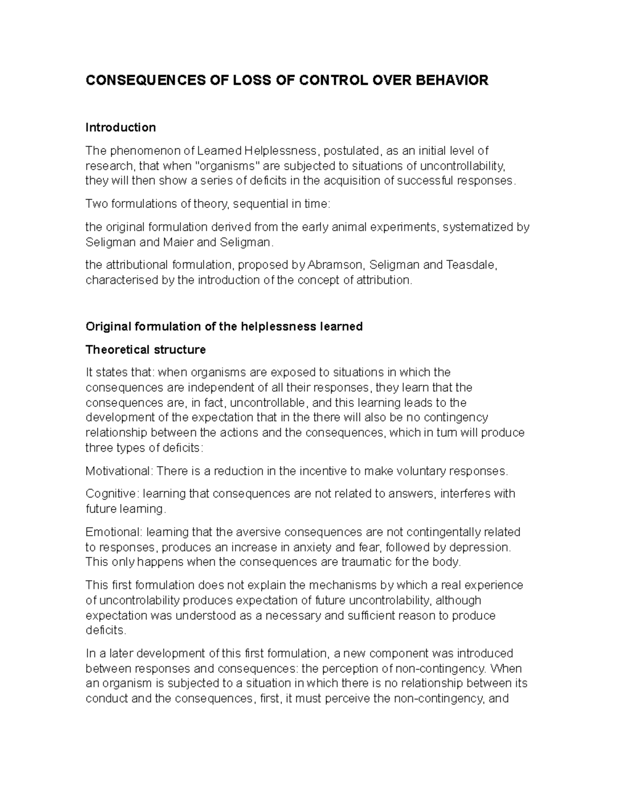 Consequences of loss of control over behavior - CONSEQUENCES OF LOSS OF ...