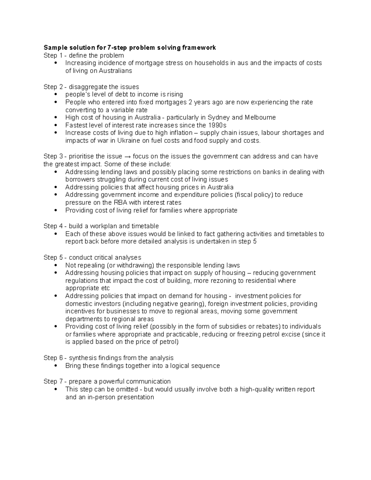 Sample solution for 7-step framework - Sample solution for 7-step problem solving framework Step ...