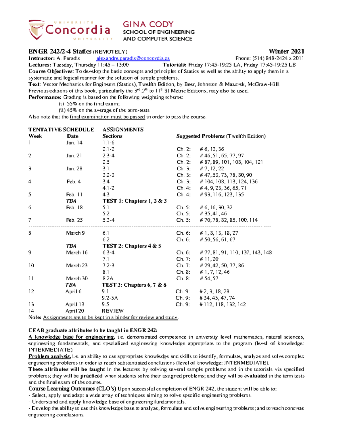 Engr242 - Voici le plan de cours de ce cours - ENGR 242/2-4 Statics (REMOTELY) Winter 2021 - Studocu