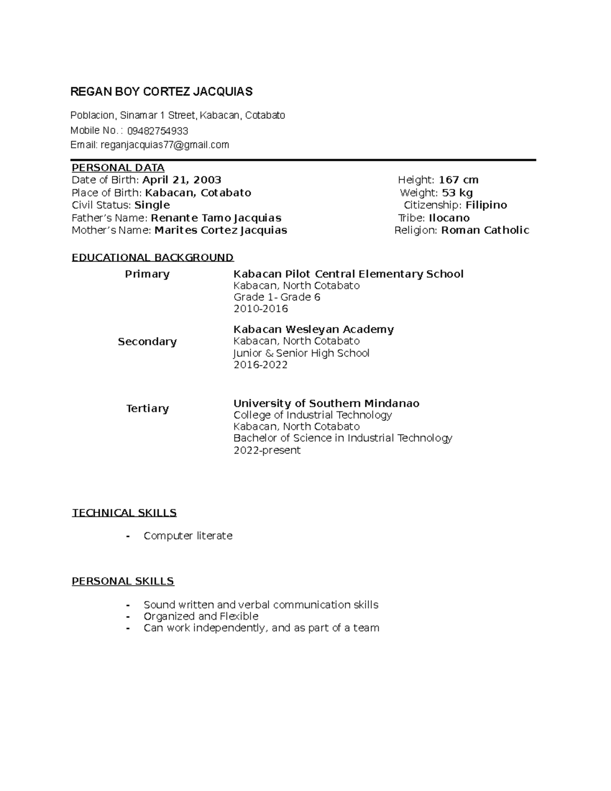 Regan Resume - PERSONAL DATA Date of Birth: April 21, 2003 Height: 167 ...