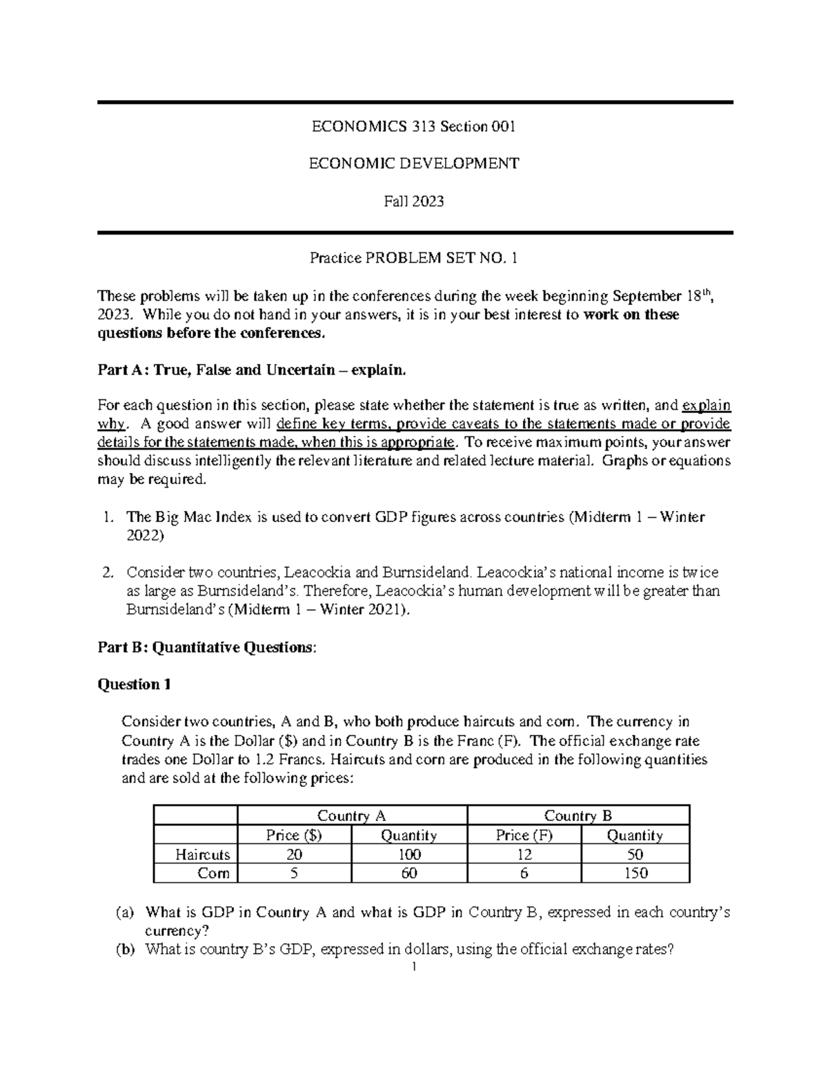 ECON313 - PS1 (Fall 2023) - 1 ECONOMICS 313 Section 001 ECONOMIC ...
