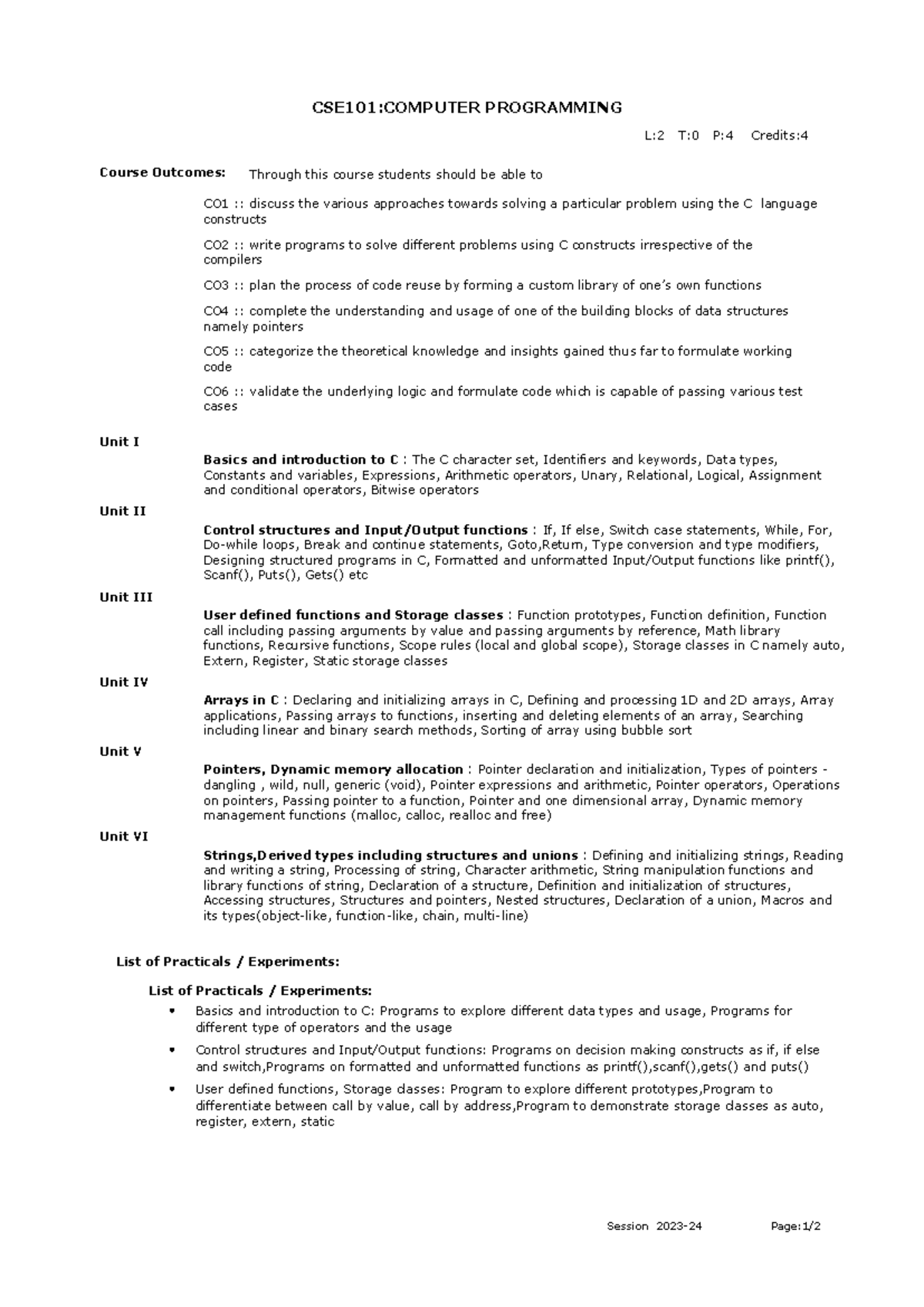 CSE 101 Syllabus - xxxxxxxxxxxxxxxx - CSE101:COMPUTER PROGRAMMING Course Outcomes: CO1 ...