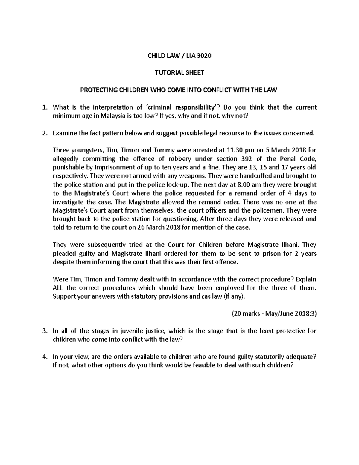 Juvenile Justice - sample tutorial - CHILD LAW / LIA 3020 TUTORIAL ...