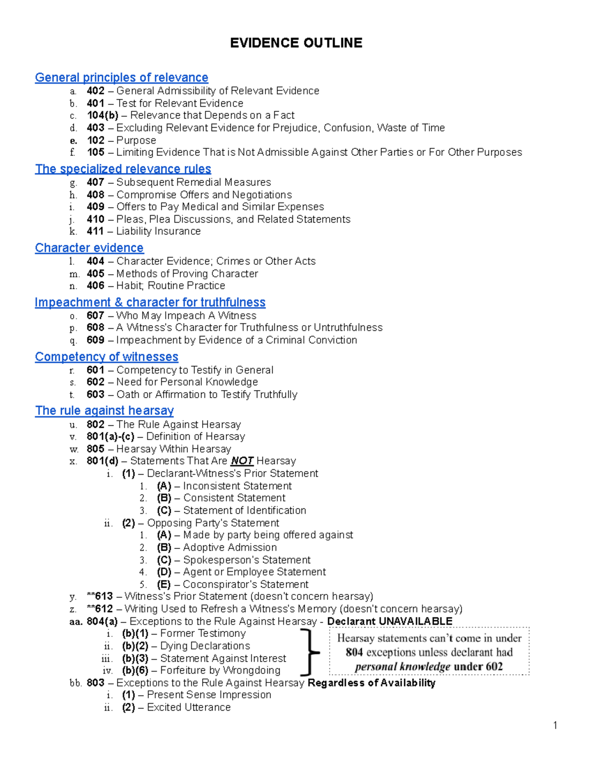 Evidence Outline - EVIDENCE OUTLINE General principles of relevance a ...