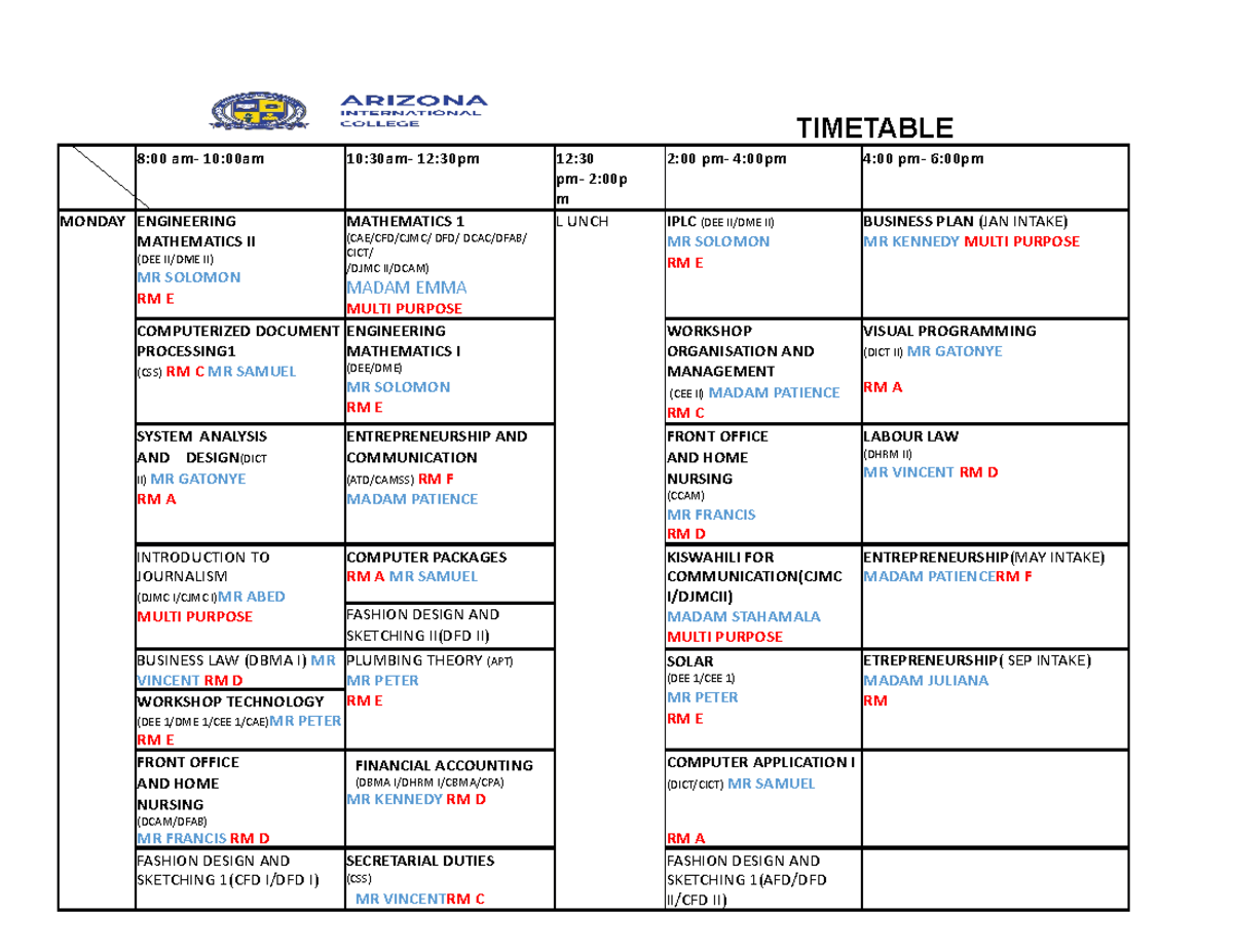 September Timetable - TIMETABLE 8:00 am- 10:00am 10:30am- 12:30pm 12 ...