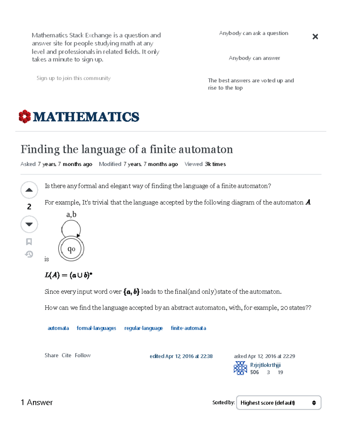 Automata - Finding the language of a finite automaton - Mathematics Stack Exchange is a question ...