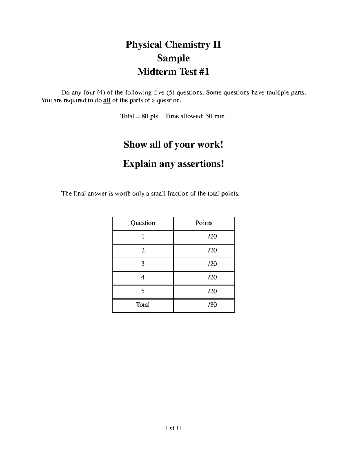 Thermo - Sample midterm - Physical Chemistry II Sample Midterm Test Do ...