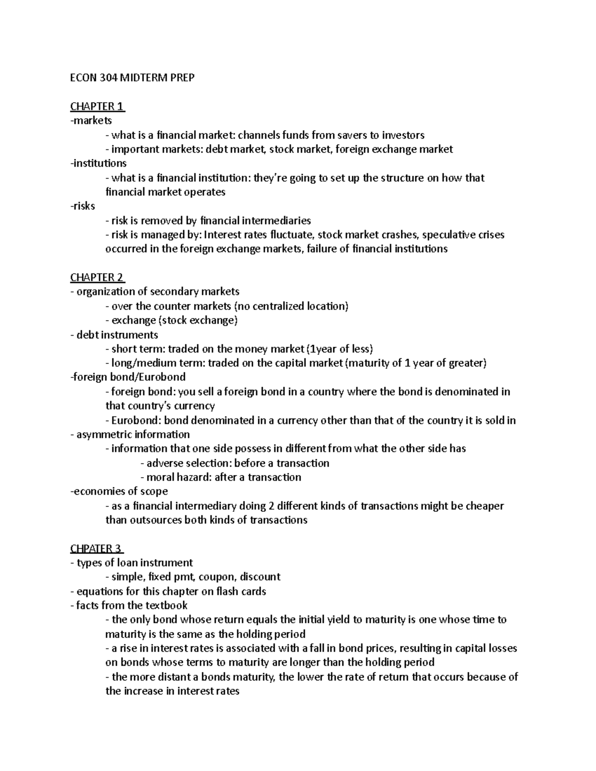 ECON 304 Midterm PREP - ECON 304 MIDTERM PREP CHAPTER 1 -markets - what ...