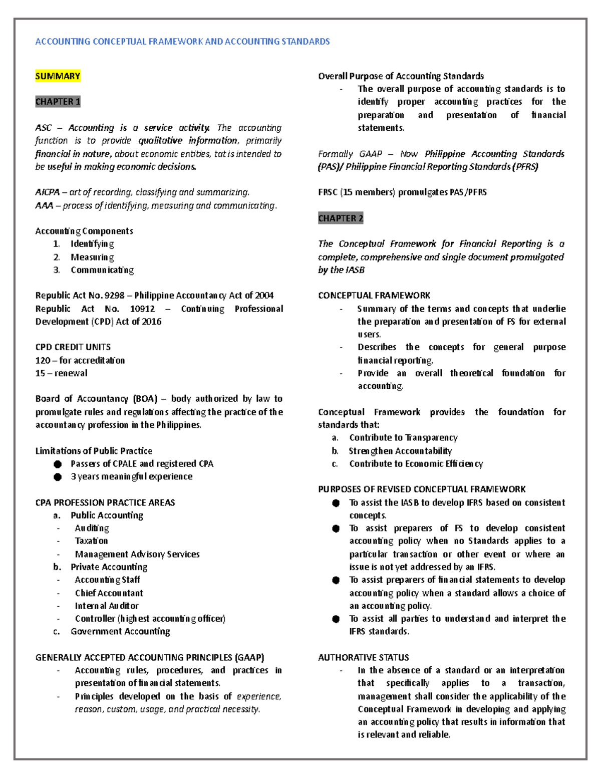 ACCA - Chapter 1-9 Summary - SUMMARY CHAPTER 1 ASC – Accounting is a ...