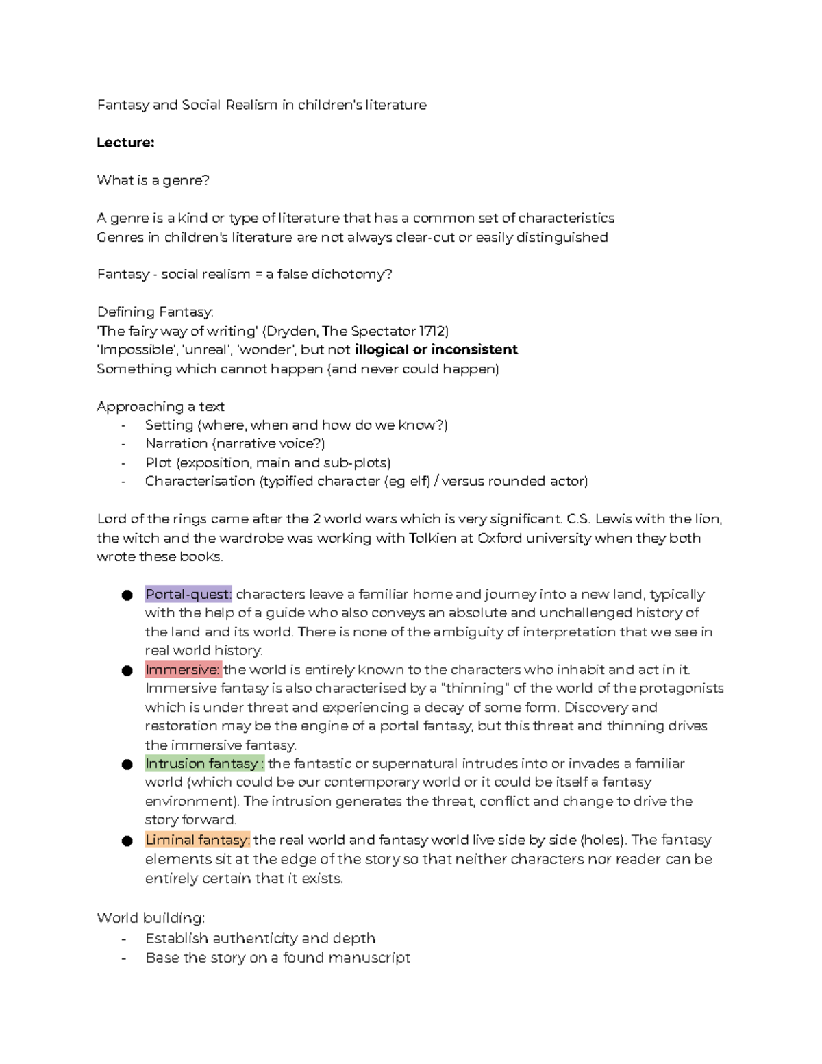 Week 7 - Lecture and Seminar notes - Fantasy and Social Realism in ...