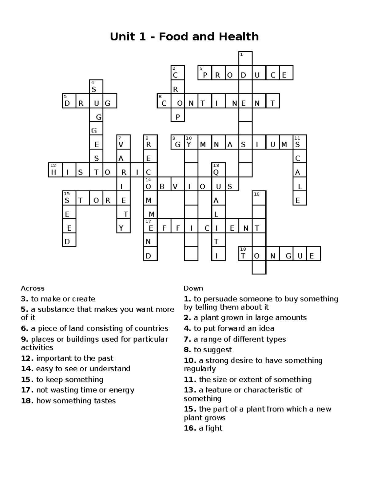 Vocabulary Crosword - Unit 1 - Food and Health 1 2 C 3 P R O D U C E 4 ...