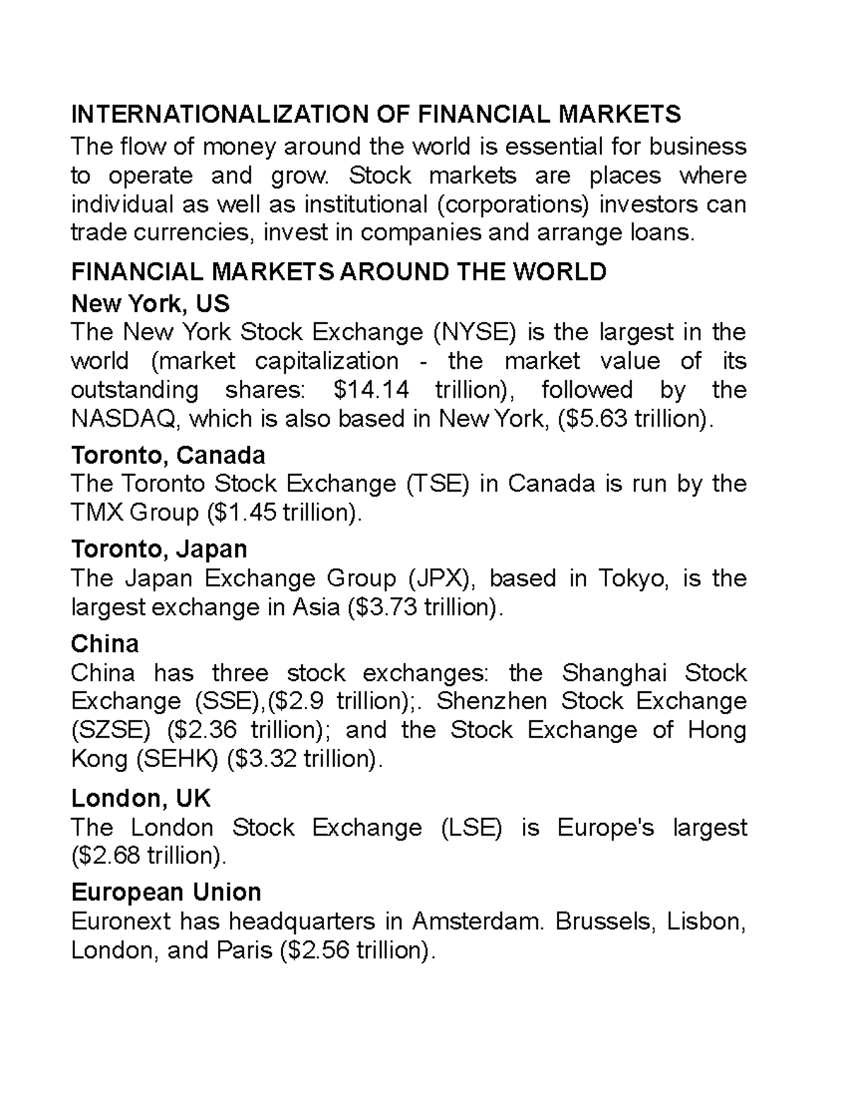 Internationalization OF Financial Markets - INTERNATIONALIZATION OF FINANCIAL MARKETS The flow ...