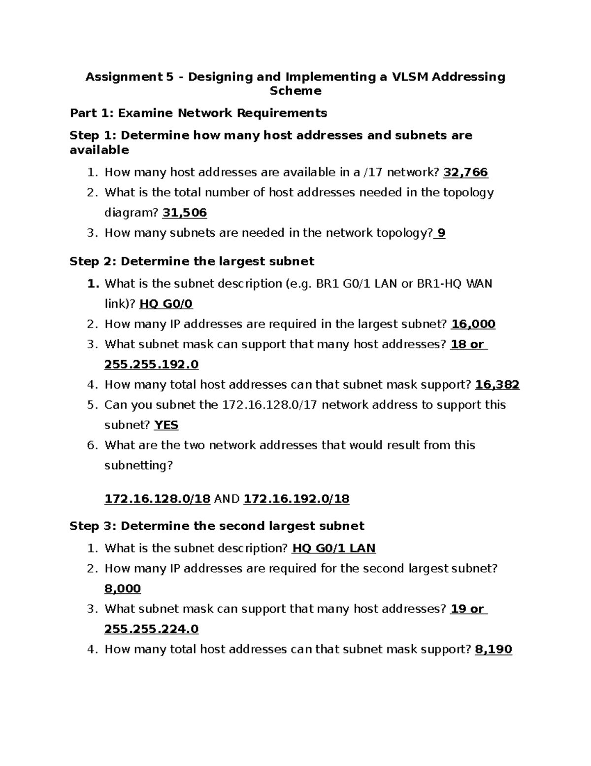 Assignment 5 - Use this document - Assignment 5 - Designing and Implementing a VLSM Addressing ...