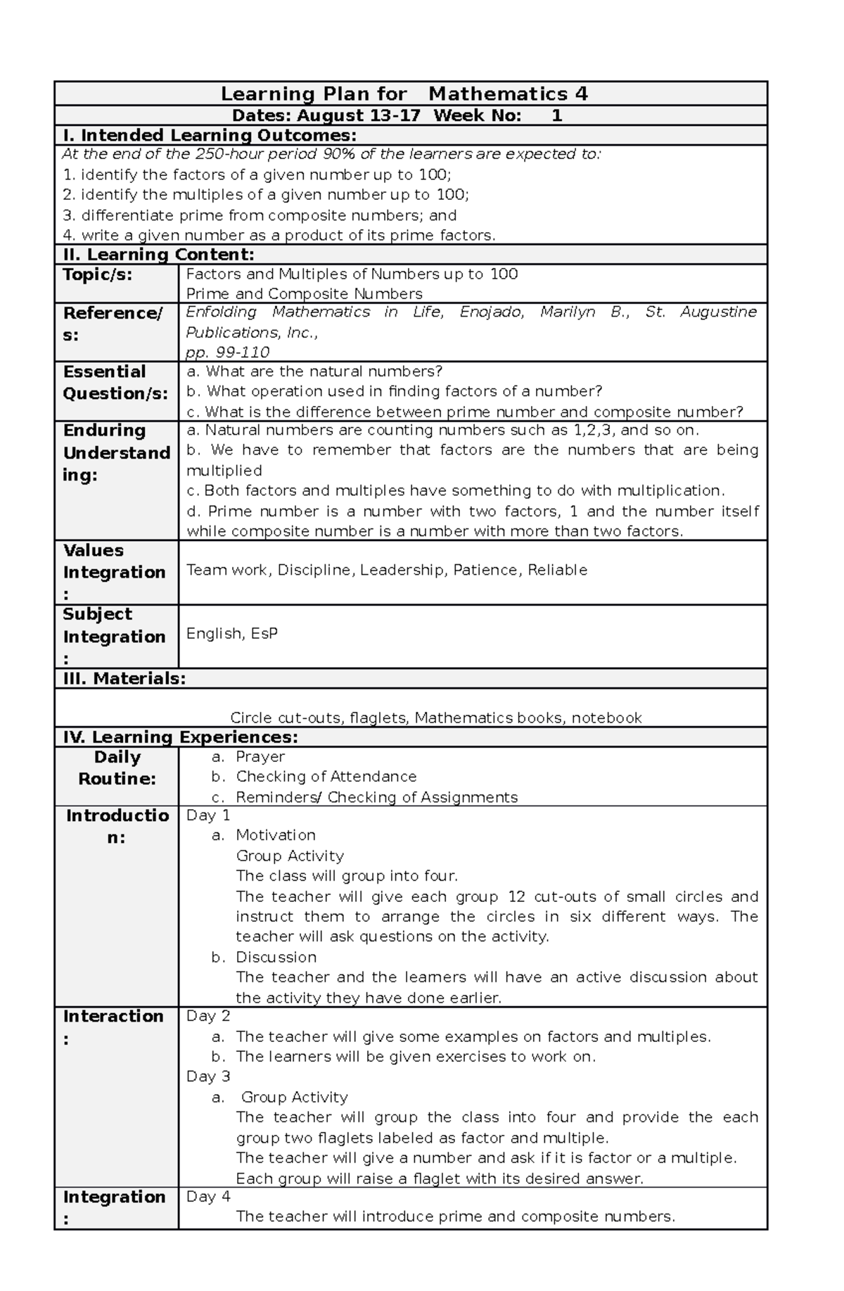 LP 4-MATH week 1 - Lesson plan - Learning Plan for Mathematics 4 Dates ...
