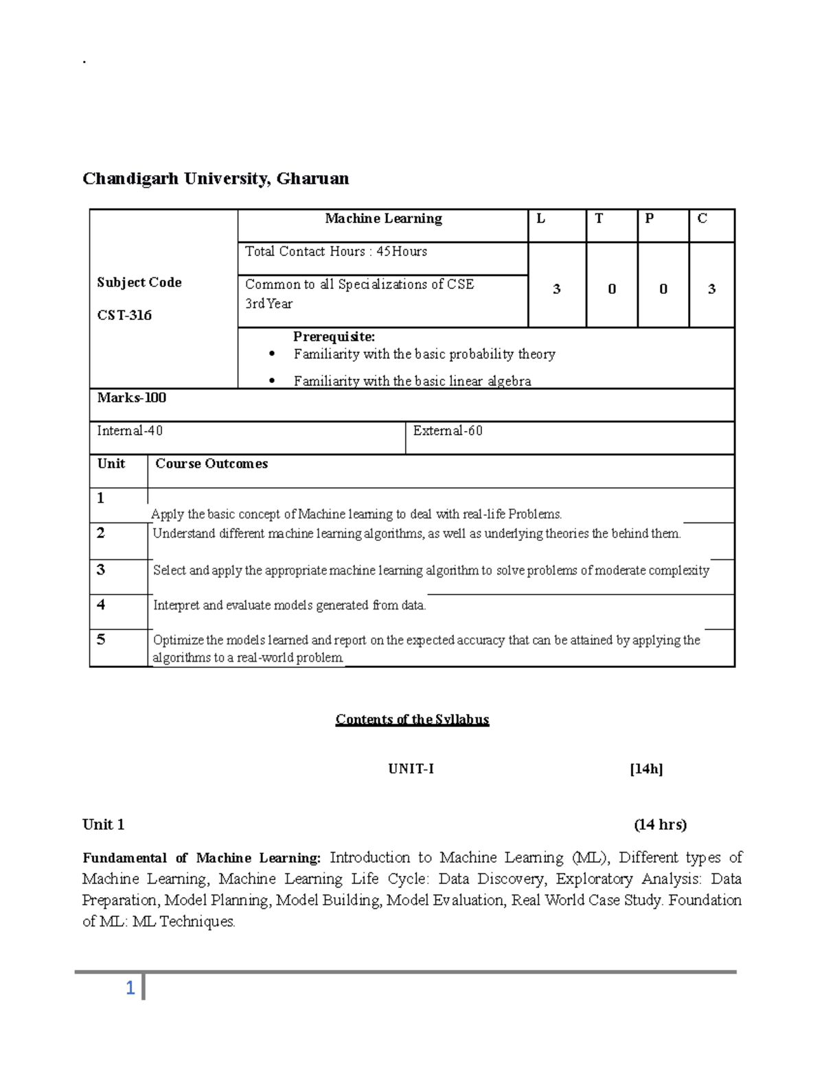 ML Syllabus updated E13137 - Chandigarh University, Gharuan Subject ...