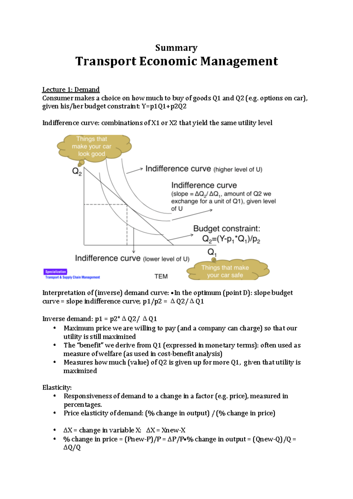 Summary TEM - College-aantekeningen 1-6 - Summary Transport Economic ...