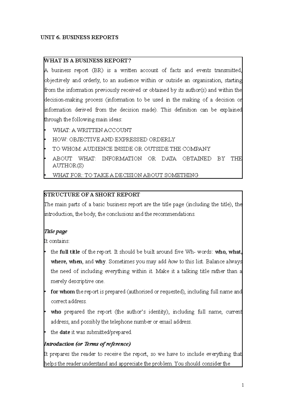Unit 6-Business Reports 21 22 - UNIT 6. BUSINESS REPORTS WHAT IS A ...