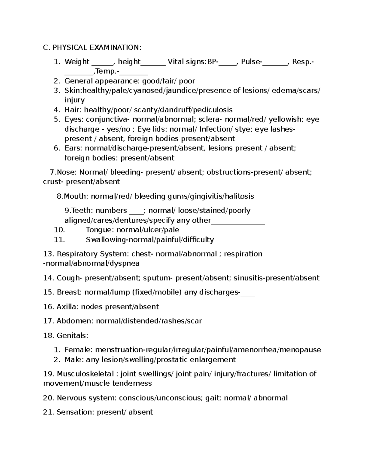 Physical examination format - C. PHYSICAL EXAMINATION: Weight , height ...