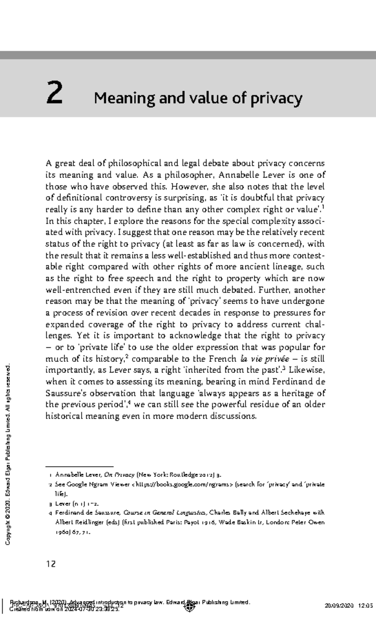 Advanced Introduction to Privacy Law - (2 Meaning and value of privacy ...