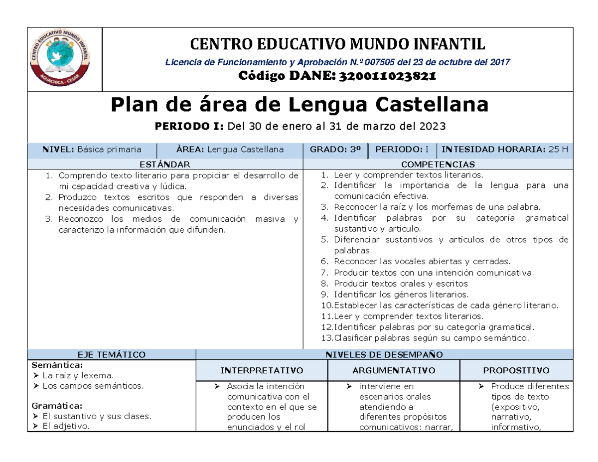 Plan De Area Español Grado 3º Centro Educativo Mundo Infantil