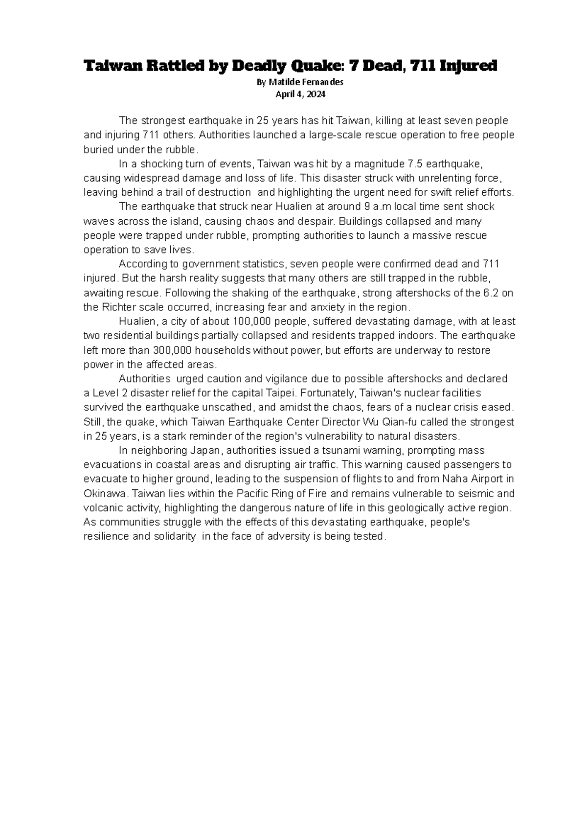 English-Newspaper Article - Taiwan Rattled by Deadly Quake: 7 Dead, 711 ...