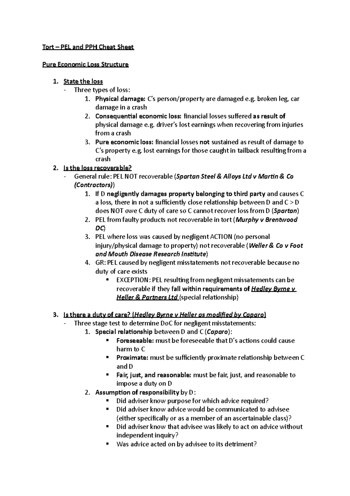 Tort – PEL and PPH Cheat Sheet - Tort – PEL and PPH Cheat Sheet Pure ...