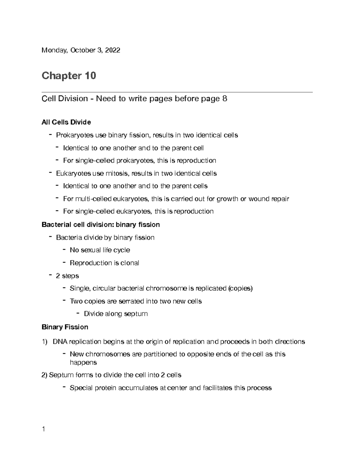 Chapter 10 Notes Cell Divison Monday October 3 2022 Chapter 10 Cell Division Need To 9288