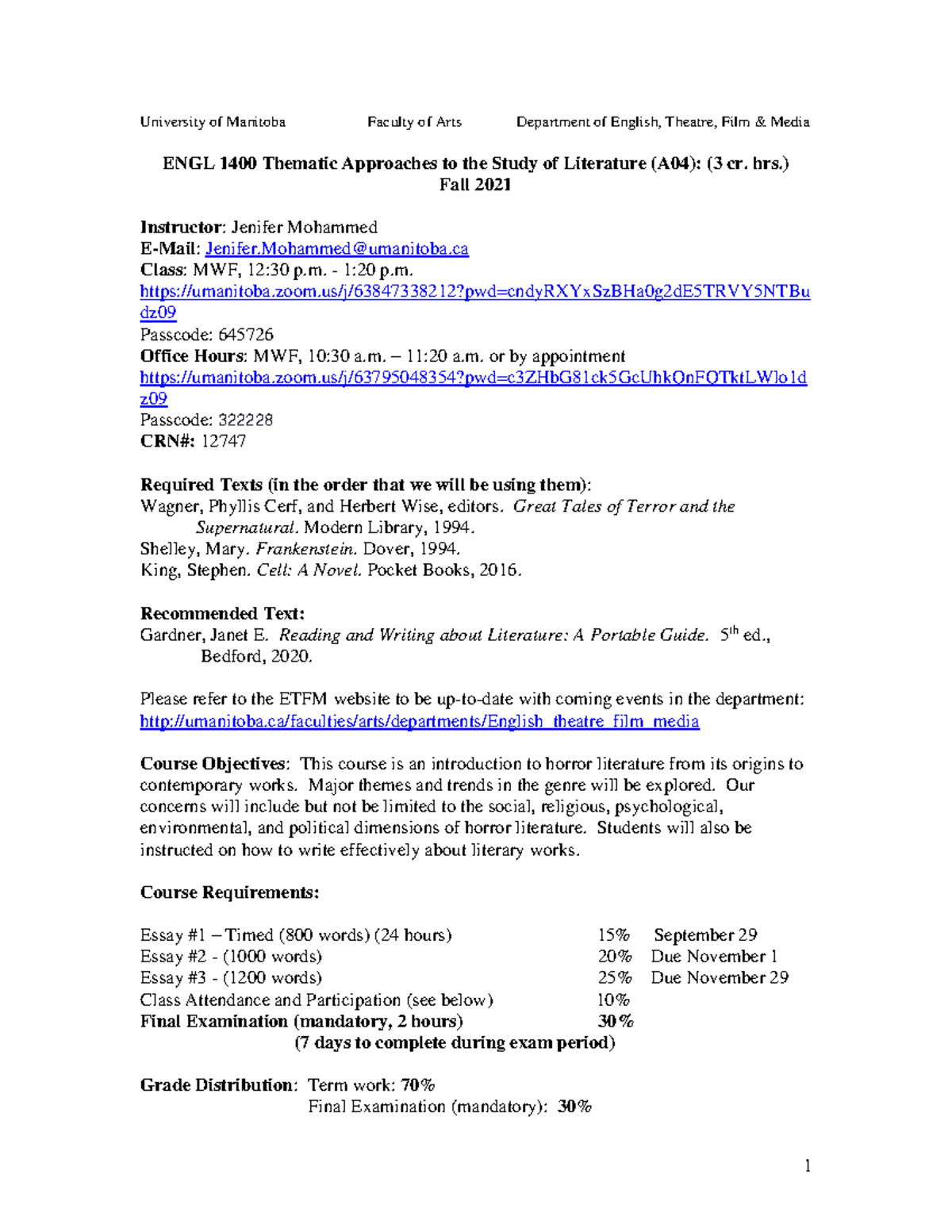 Fall 2021 ENGL 1400 A04 Mohammed - University of Manitoba Faculty of Arts Department of English ...