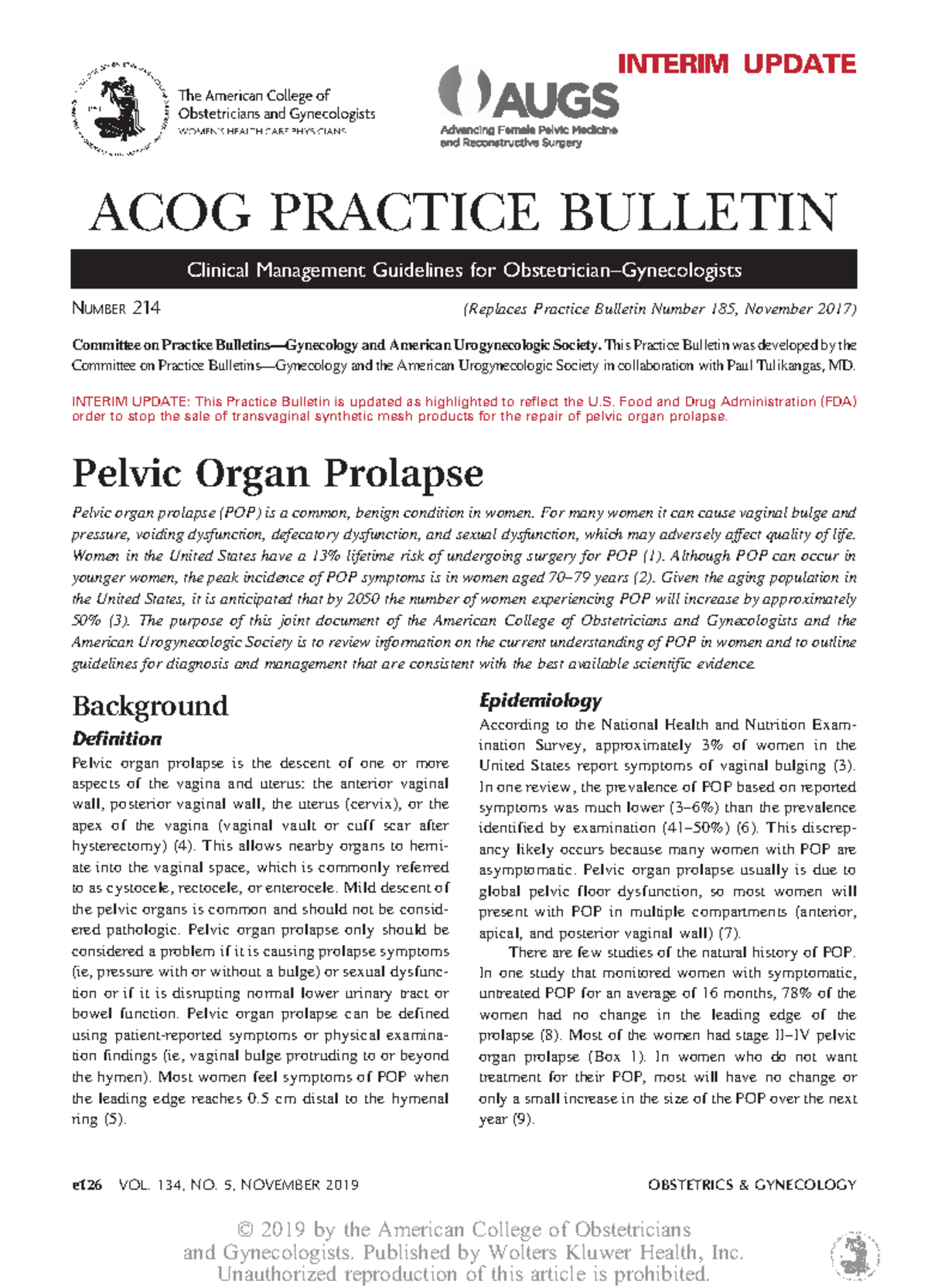 Pelvic Organ Prolapse ACOG Practice Bulletin - INTERIM UPDATE ACOG ...