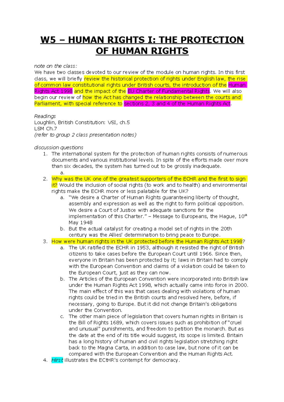 LT Class 5 - Human Rights Protection - W5 – HUMAN RIGHTS I: THE ...