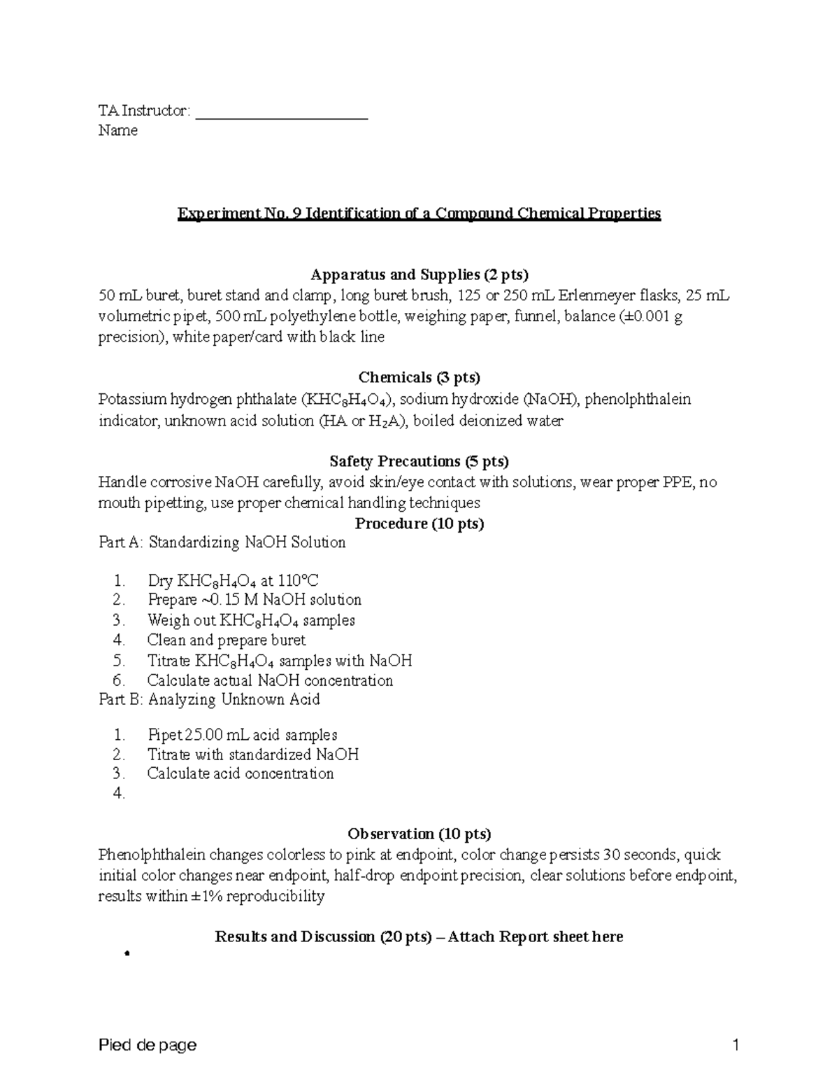 Lab 9 Gen Chem - Lab with some post lab answers - TA Instructor ...