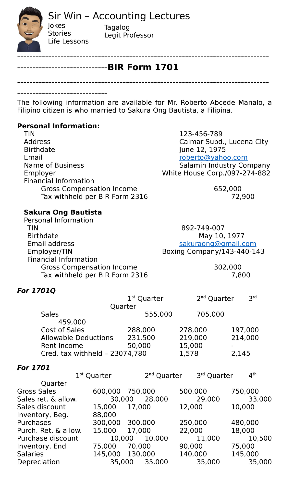 Bir form 1701 - Bir form 1701 - Sir Win – Accounting Lectures Jokes ...