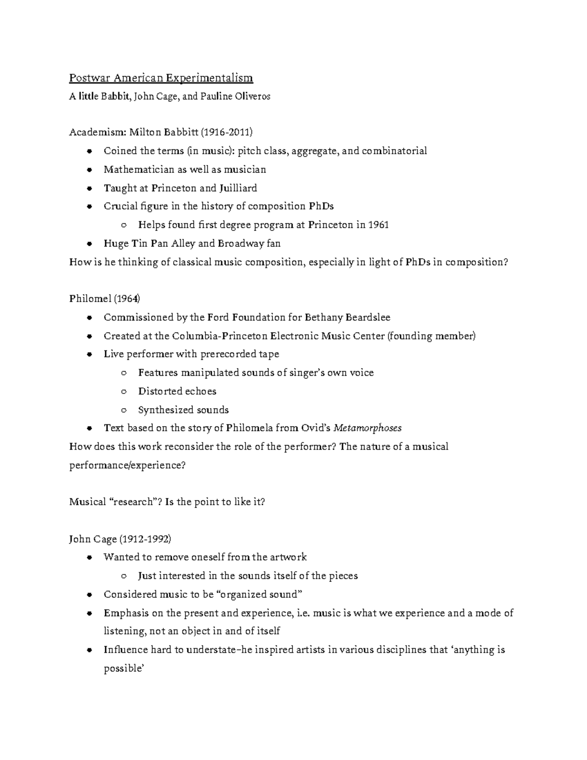 MHS 123 notes - Postwar American Experimentalism A little Babbit, John ...