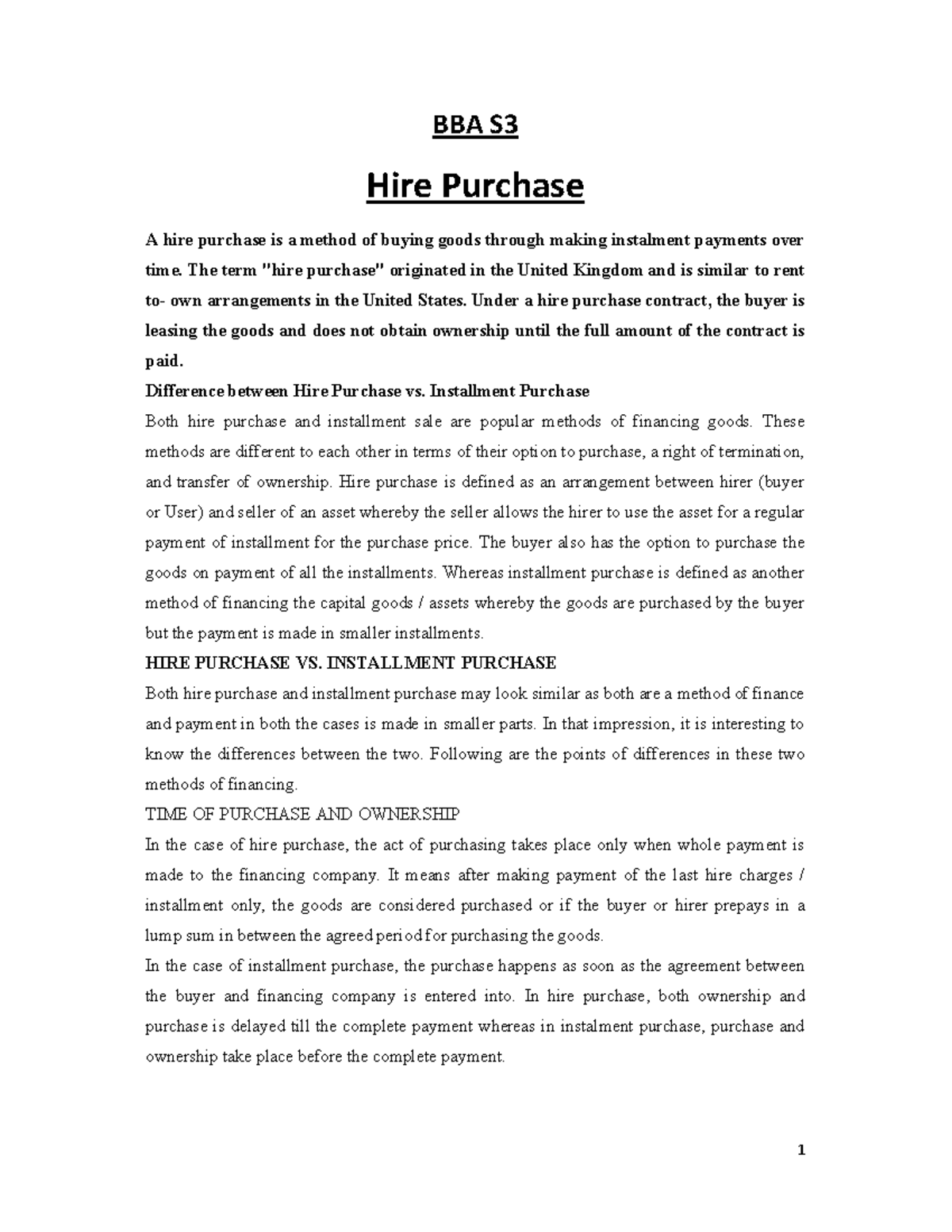 FS Notes ( Hire Purchase) - 1 BBA S Hire Purchase A hire purchase is a ...