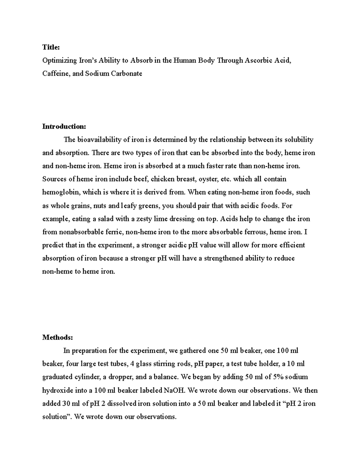 Bioavailibilty of Iron Lab Report for Revisions - Title: Optimizing ...