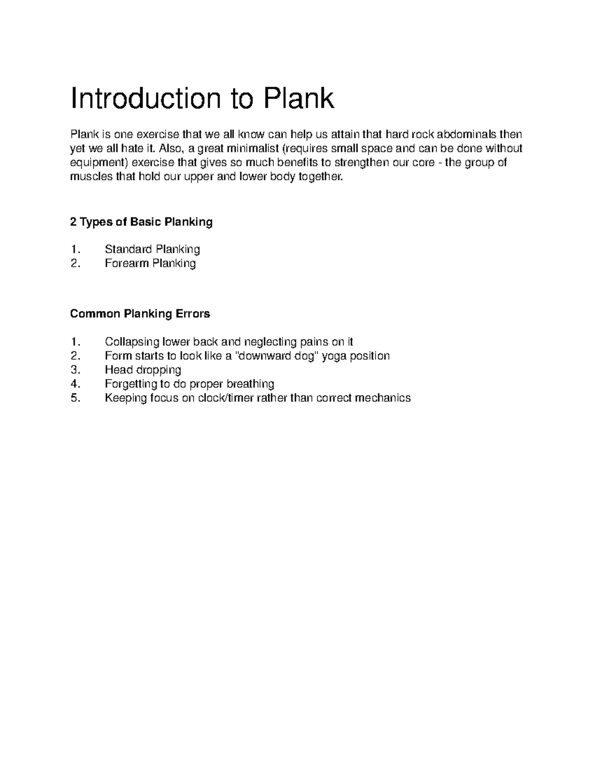 Introduction to Plank - Lecture notes 4 - Physical Education 1 - TIP ...