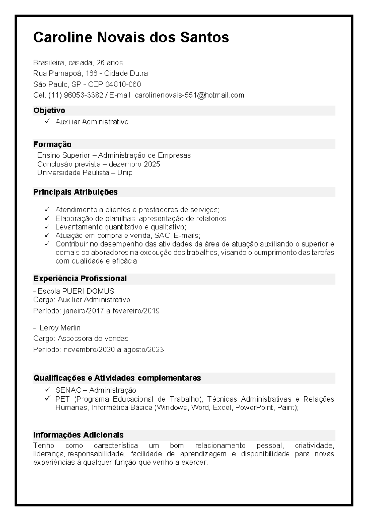 CV Carol '02 - Caroline Novais dos Santos Brasileira, casada, 26 anos ...