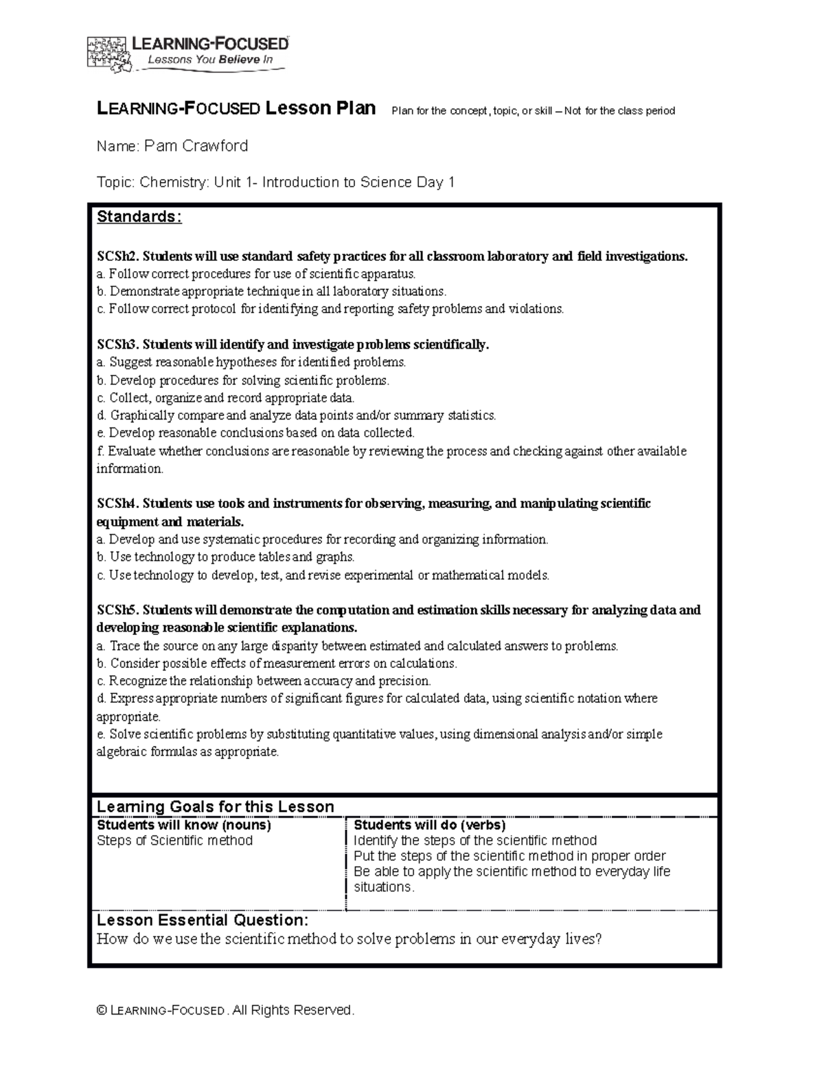Chemistry Unit 1 Day 1 Intro to Science LF Format - LEARNING-FOCUSED ...
