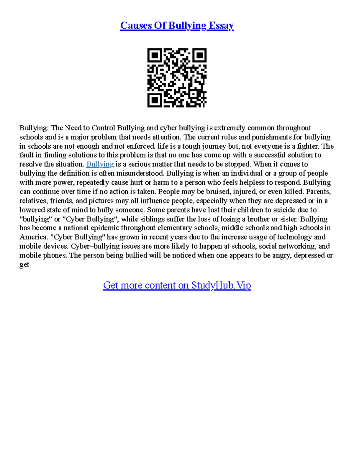 Causes Essay Topics - Causes Of Bullying Essay Bullying: The Need to ...