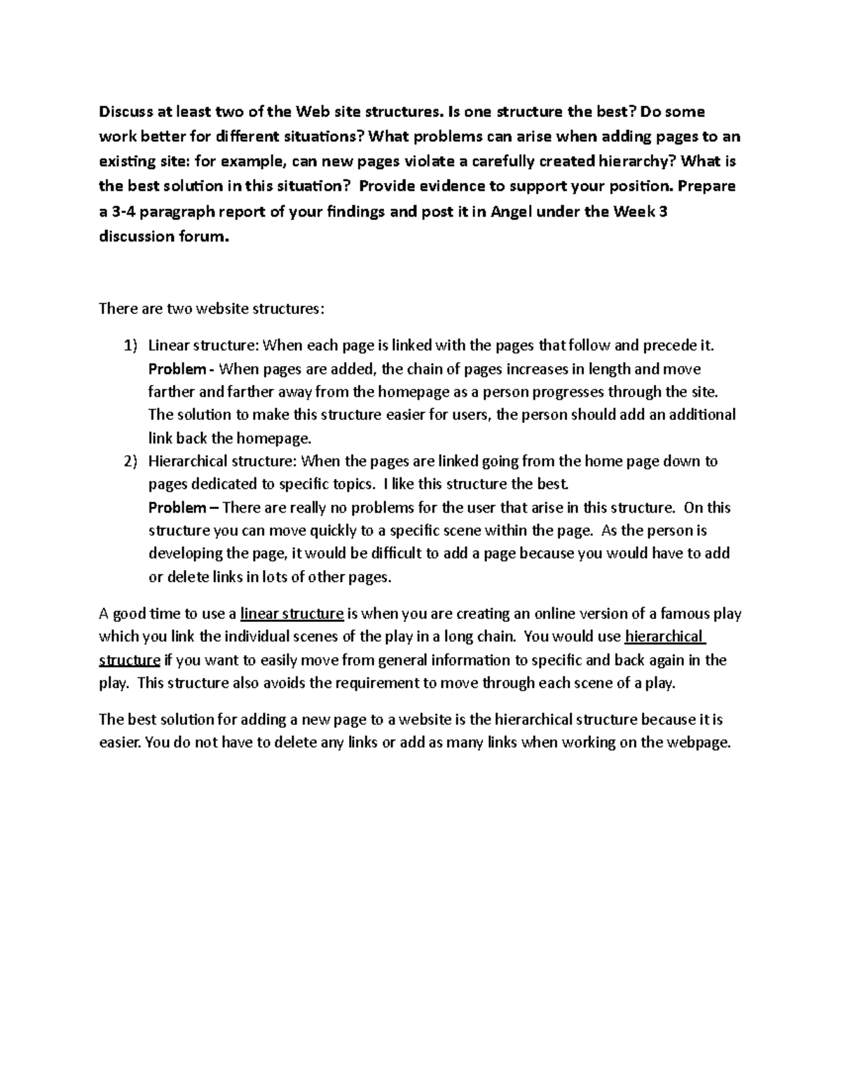 CS 210 Week 3 summary - Discuss at least two of the Web site structures ...