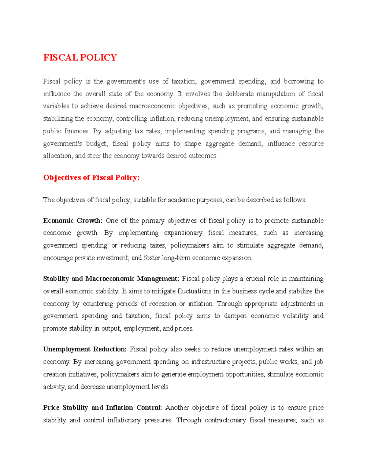 Fiscal Policy Notes complete - FISCAL POLICY Fiscal policy is the ...