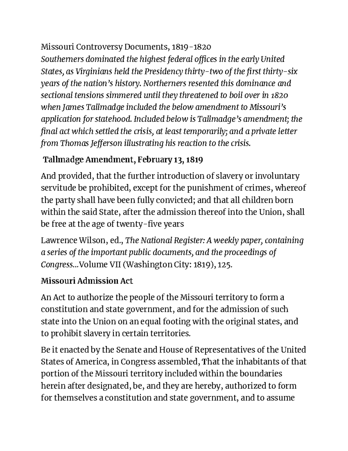 Missouri Controversy Notes - Missouri Controversy Documents, 1819 ...