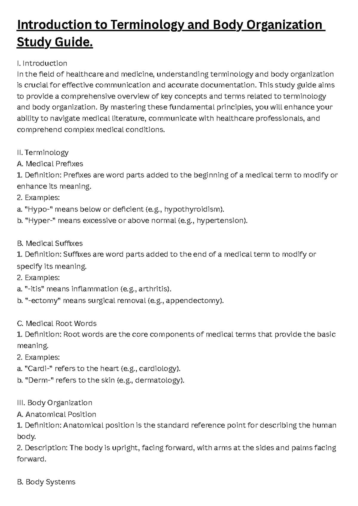 Introduction to Terminology and Body Organization Study Guide - I ...