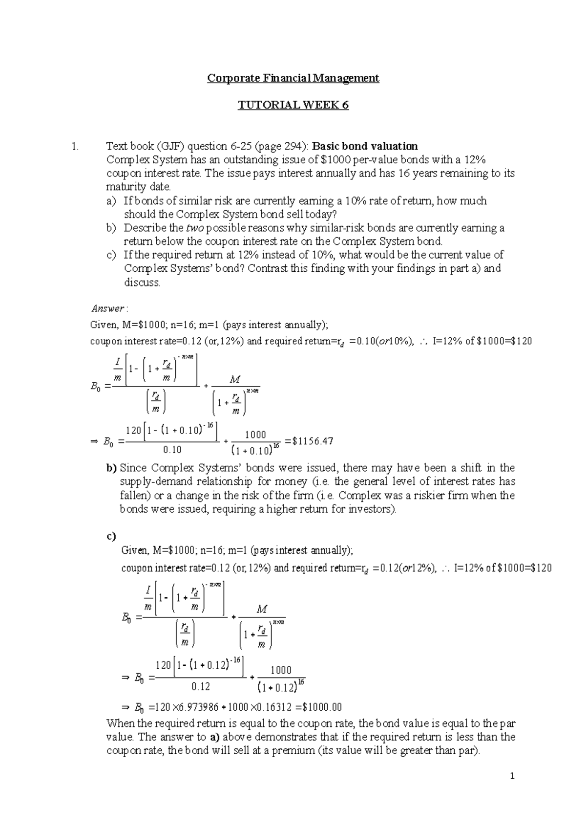 Answers for workshop 6 - Corporate Financial Management TUTORIAL WEEK 6 ...